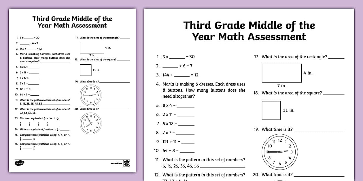 Third Grade Middle of the Year Math Assessment - Twinkl