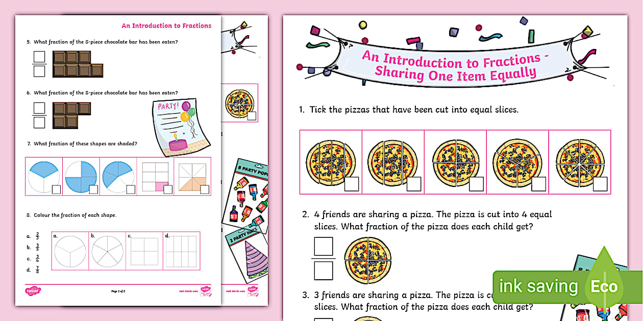 Introduction to Fractions Sharing One Item Equally Activity