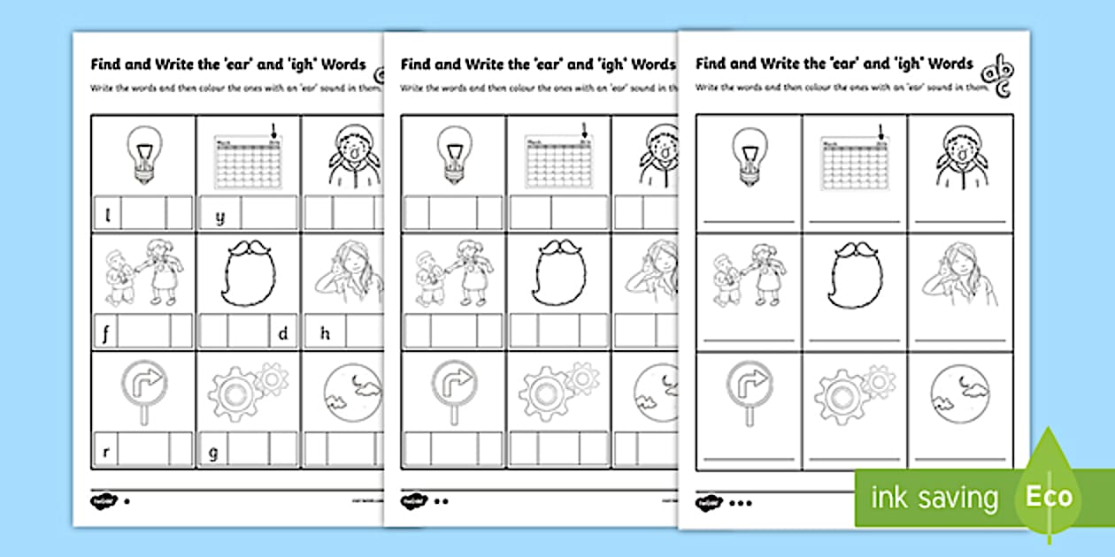 Cursive Find and Write the ear and igh Words Differentiated Worksheets