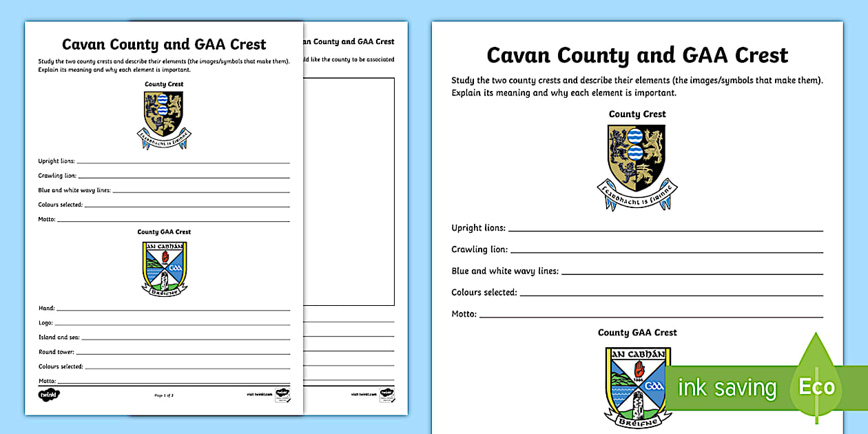 Cavan County and GAA Crest Worksheet / Worksheet-Irish