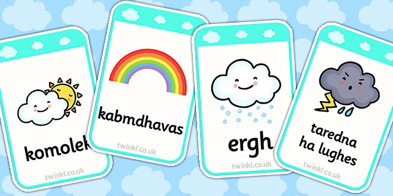 Weather Flashcards Cornish Translation - Twinkl