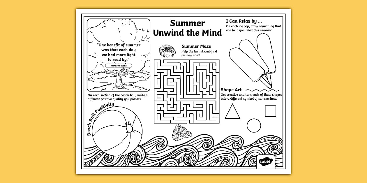 Summer Unwind the Mind Activity Mat for 3rd-5th Grade