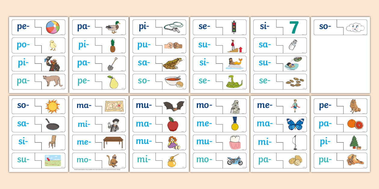 Puzle de emparejar: Sonido inicial m, p y s - Twinkl