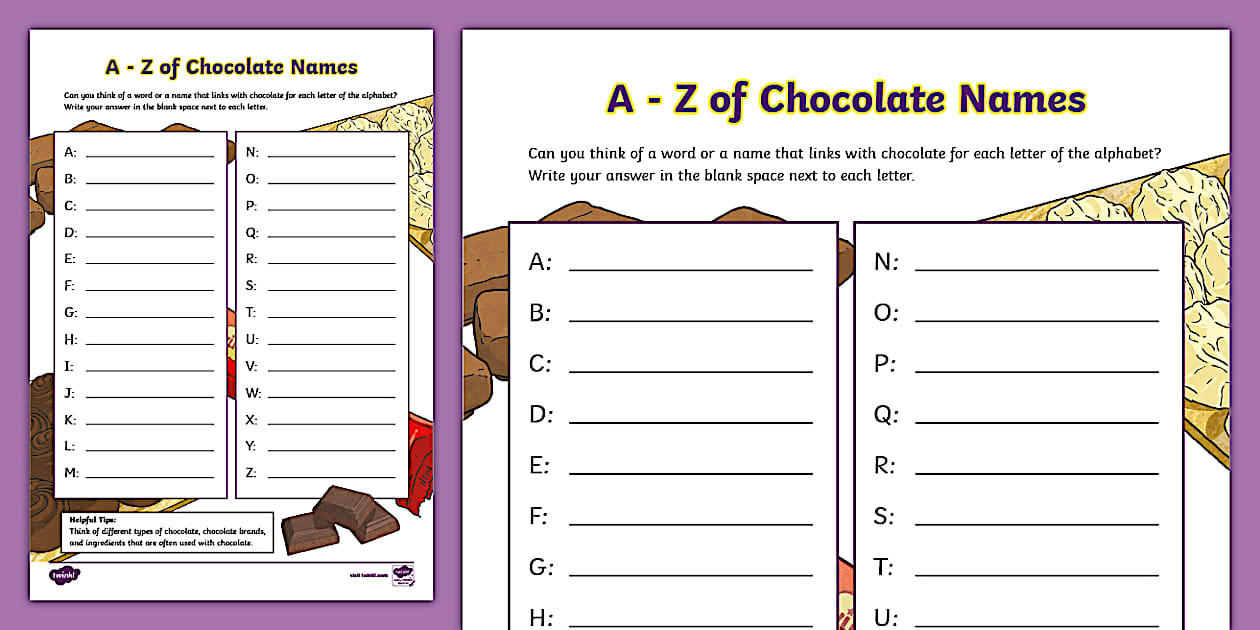 A - Z of Chocolate Names Activity (Teacher-Made) - Twinkl
