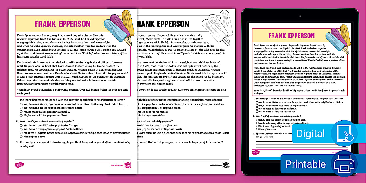 Eighth Grade Frank Epperson Reading Passage Comprehension Worksheet