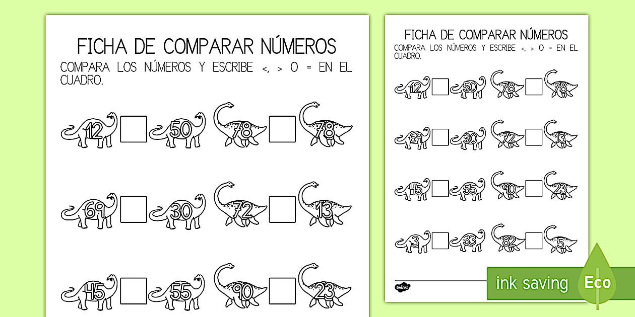 Ficha de comparar números: Dinosaurios - Twinkl