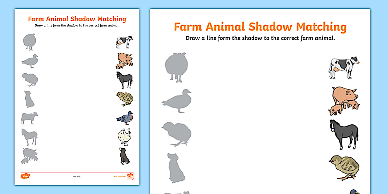 Farm Animal Shadow Matching Worksheet (teacher made)