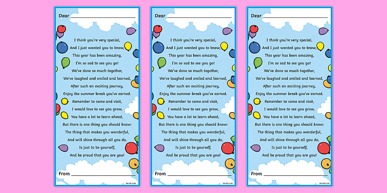 End of Year Poem Editable Bookmarks - Twinkl