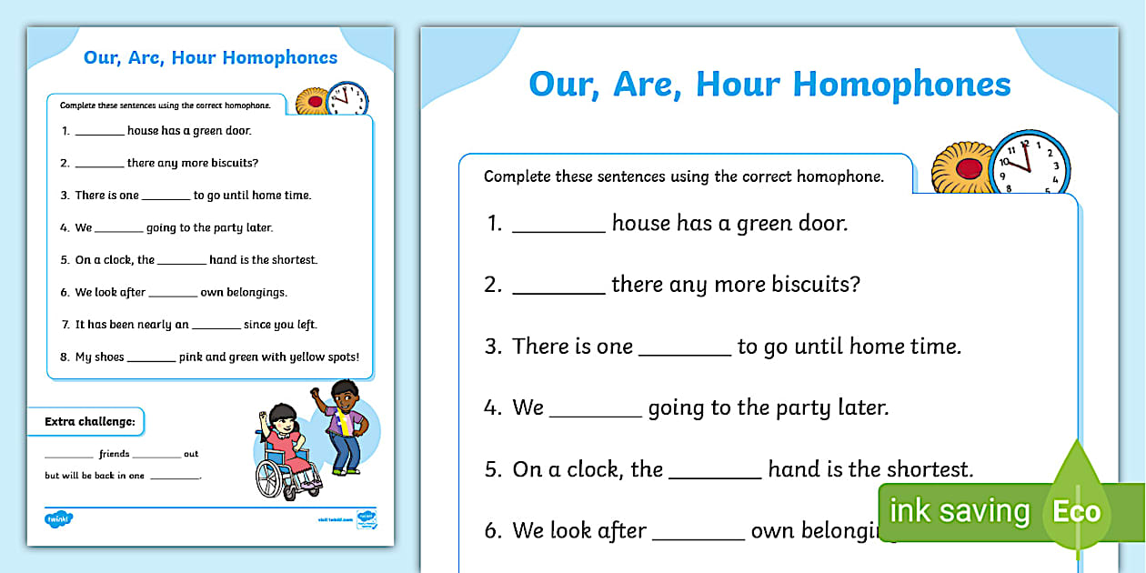 Our, Are, Hour Homophones Activity Sheet - Twinkl