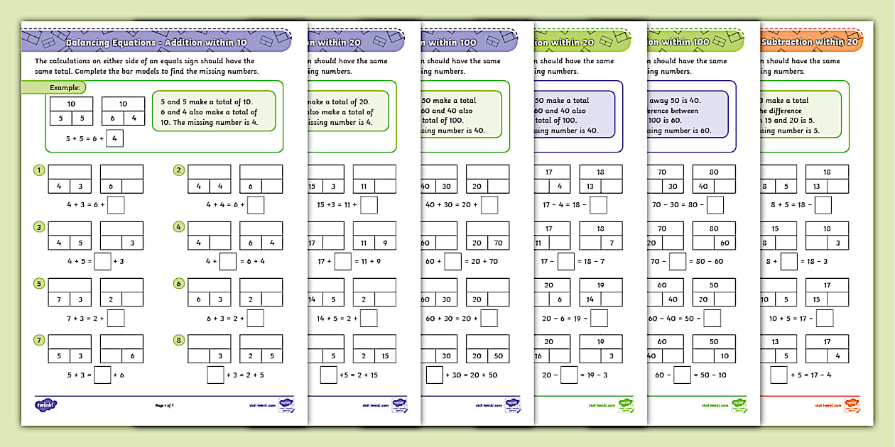 KS1 Addition and Subtraction Balancing Equations Worksheet Pack