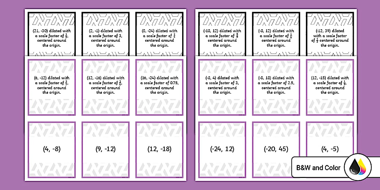 Eighth Grade Coordinate Point Dilation Transformations Matching Cards