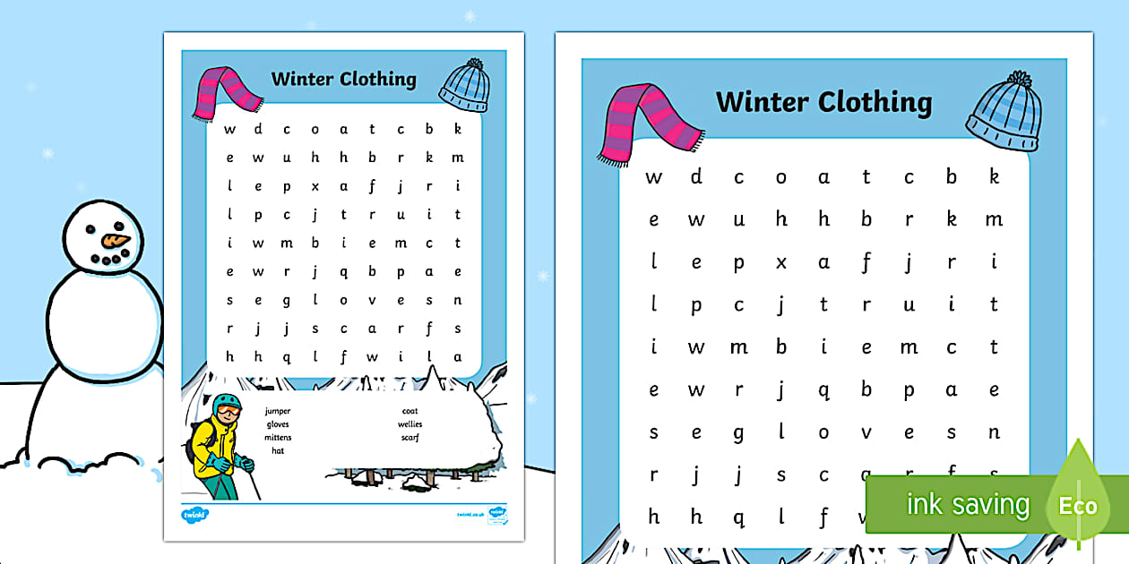 Black and White Winter Clothing Word Search - Twinkl