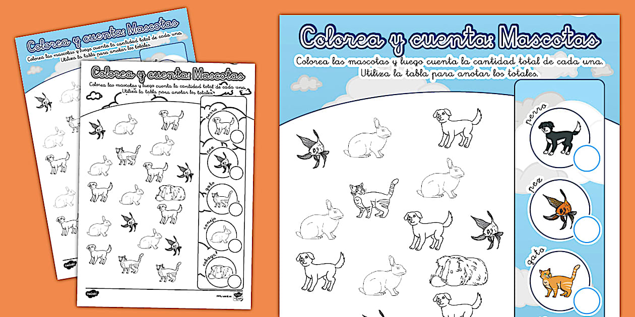 Ficha de actividad: Colorea y cuenta - Mascotas - Twinkl