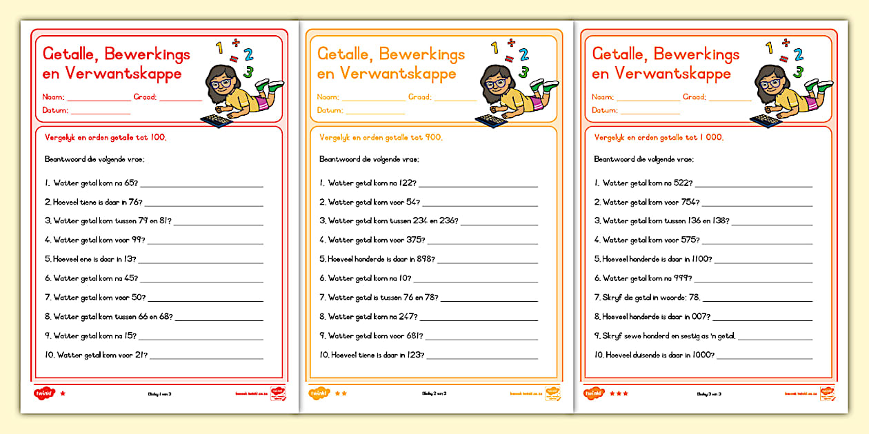 Gedifferensieerde Werkkaart: Vergelyk en Orden Getalle, Graad 3
