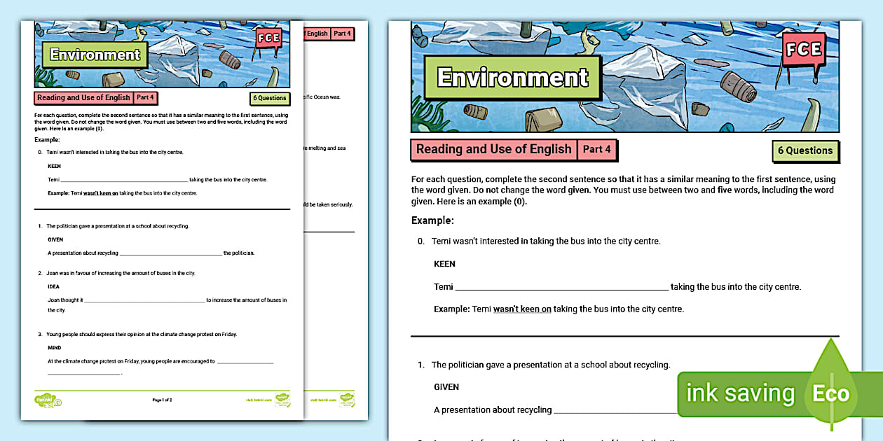 B2 FCE Reading and Use of English Part 4 (Environment)