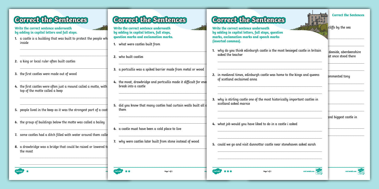 Correct the Sentences - Castles Activity Sheet - Twinkl