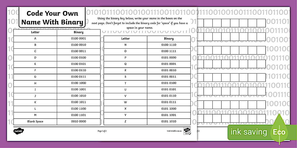 Code Your Own Name With Binary Worksheet (teacher made)