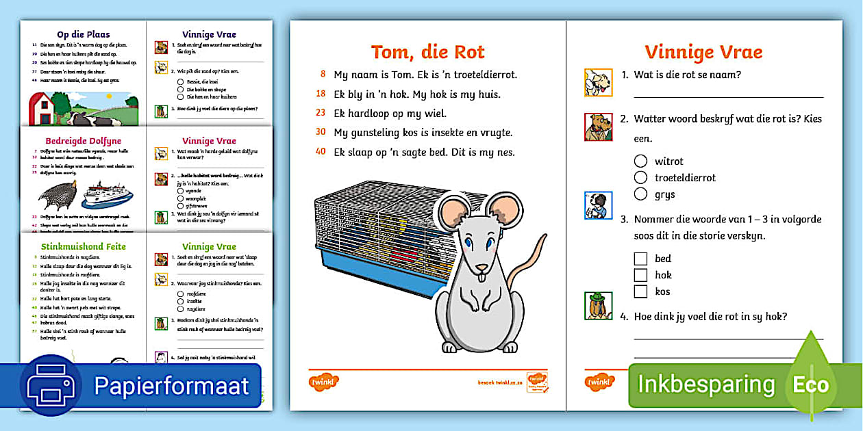 Graad 2 Leeskaarte en Begripstoetse oor Diere