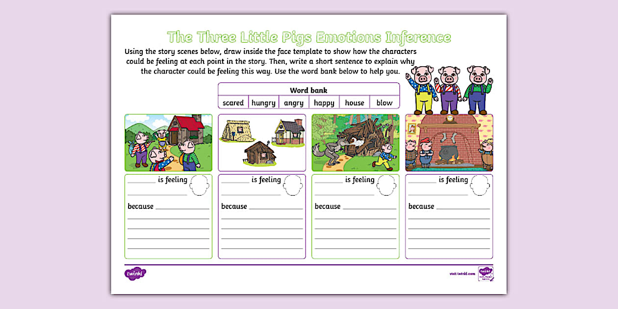 The Three Little Pigs Emotions Inference Worksheet - Twinkl