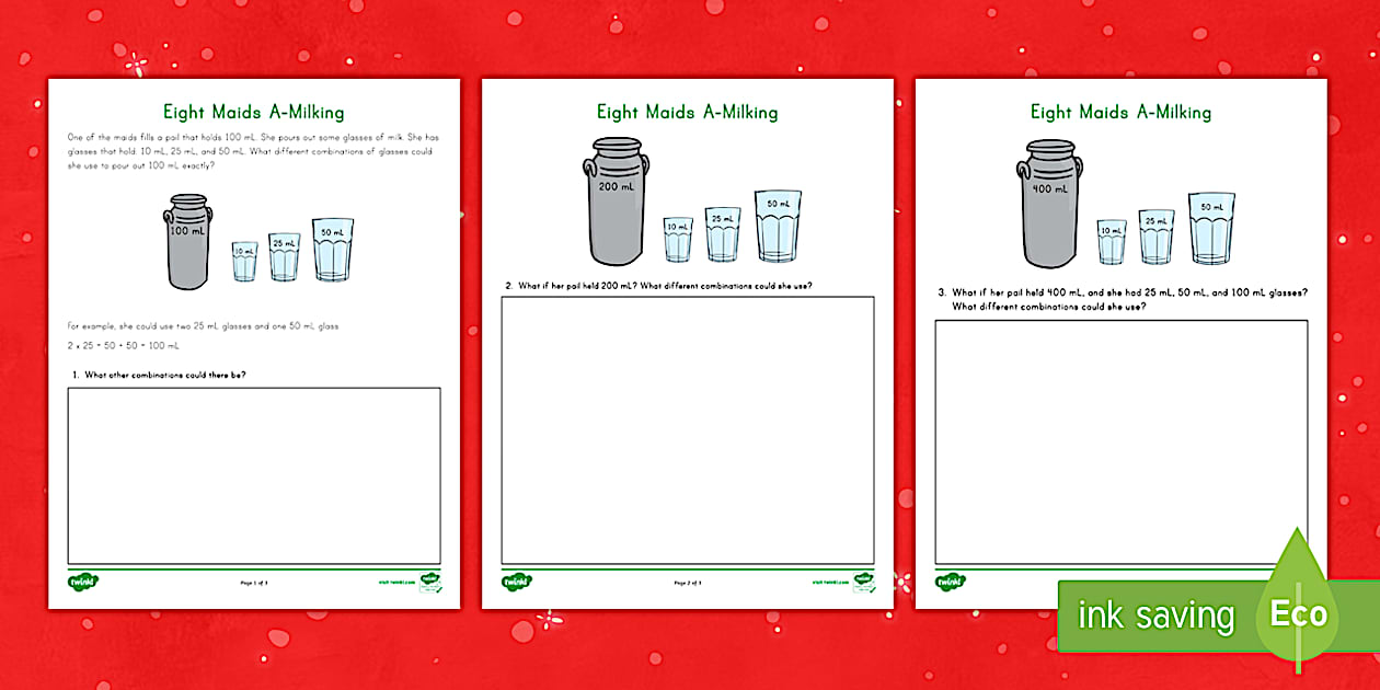 Eight Maids A-Milking Capacity Worksheet (teacher made)