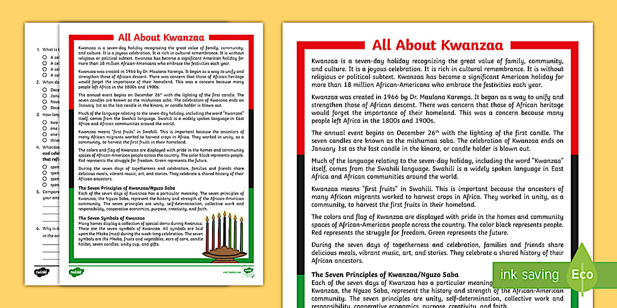 1st Grade Kwanzaa Reading Comprehension | Twinkl Resources