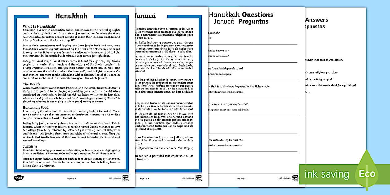 Hanukkah Differentiated Reading Comprehension Activity English/Spanish