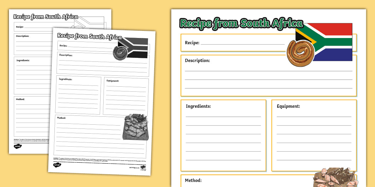 South Africa Recipe Writing Template - Twinkl