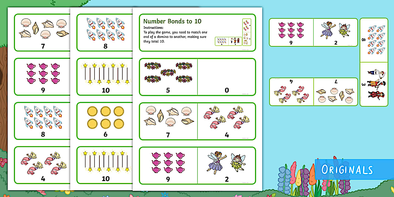 Treasures in the Garden Number Bonds to 10 Dominoes - Twinkl