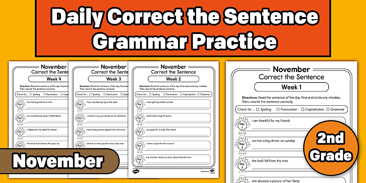 Second Grade November Daily Correct the Sentence Grammar