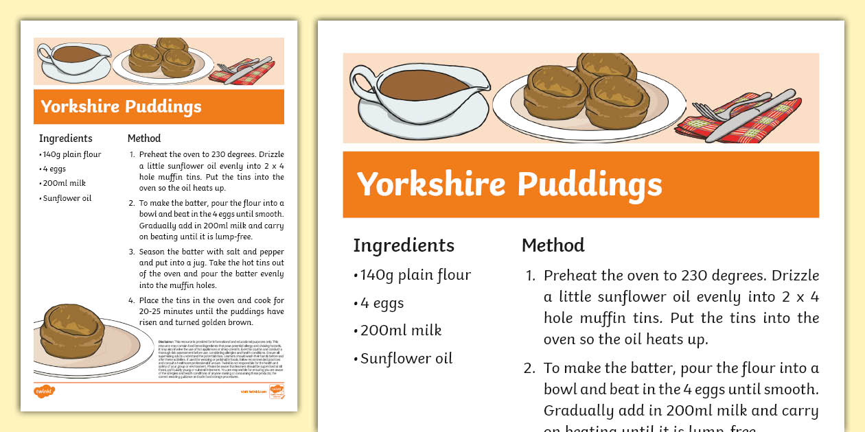 How to Cook Yorkshire Puddings Recipe Card (teacher made)