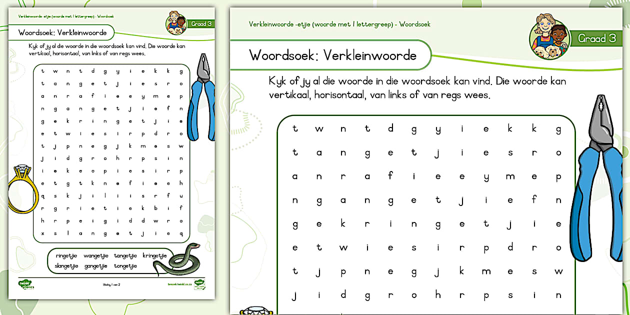 Graad 3 Klanke: Verkleinwoorde - etjie Woordsoek