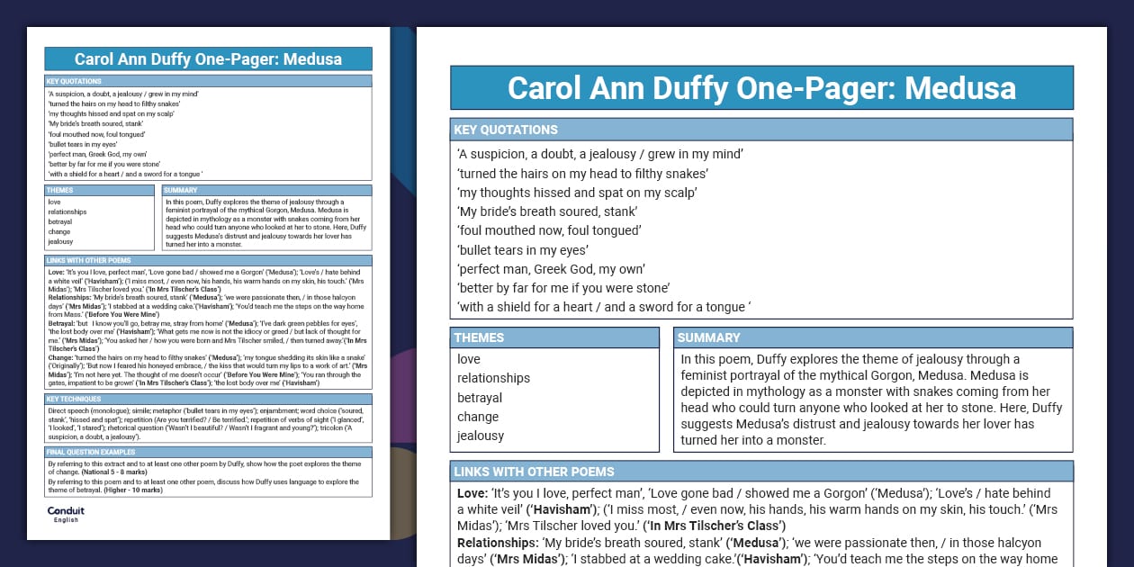 Carol Ann Duffy One-Pager: Medusa (teacher made) - Twinkl