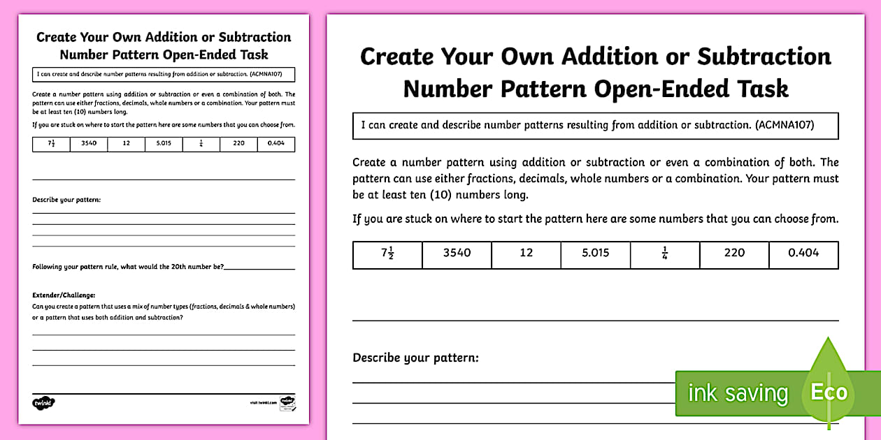 Create an Addition or Subtraction Number Pattern Open-Ended Worksheet