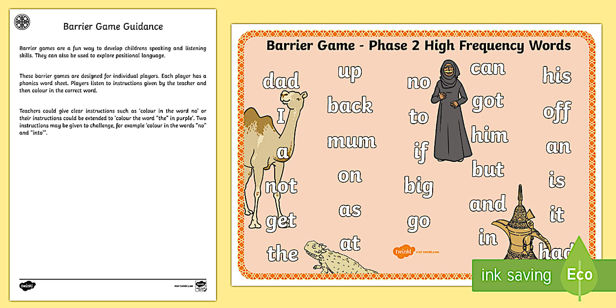 Middle East Phase 2 High Frequency Words Barrier Game Worksheet