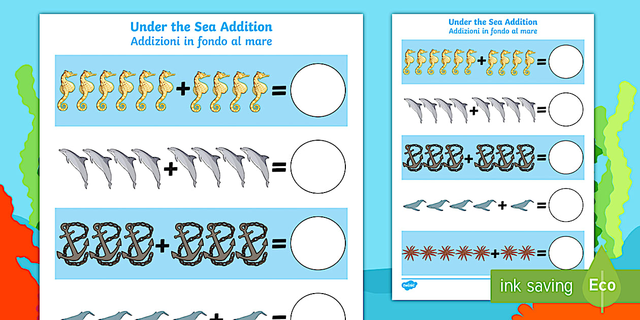 Under the Sea Addition Worksheet Italian/English - Twinkl