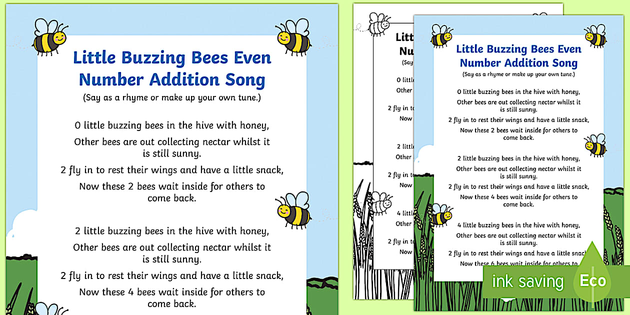 Little Buzzing Bees Even Number Addition Rhyme - Twinkl