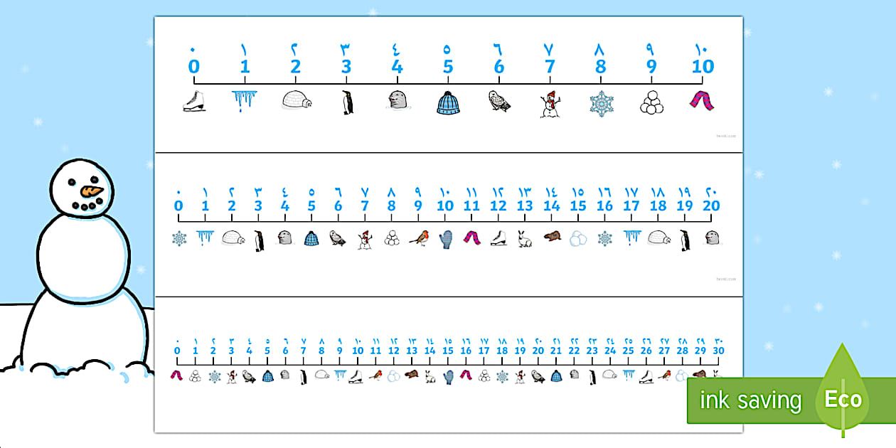 Winter Themed Number Line Activity Arabic/English - 0-10 Number Line ...