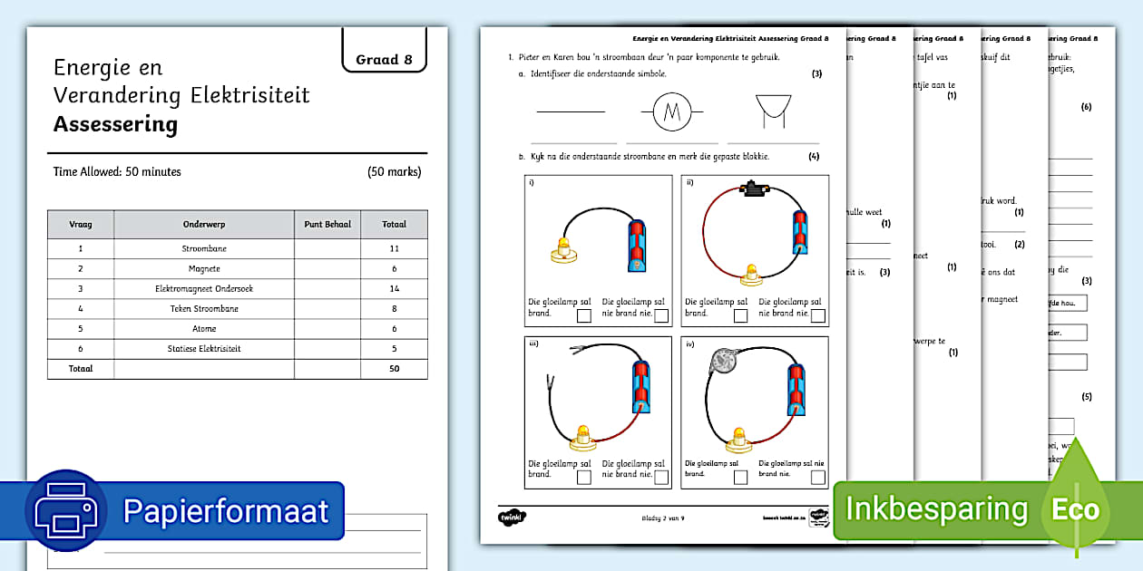 Elektrisiteit en Verandering Assessering Graad 8 - Twinkl