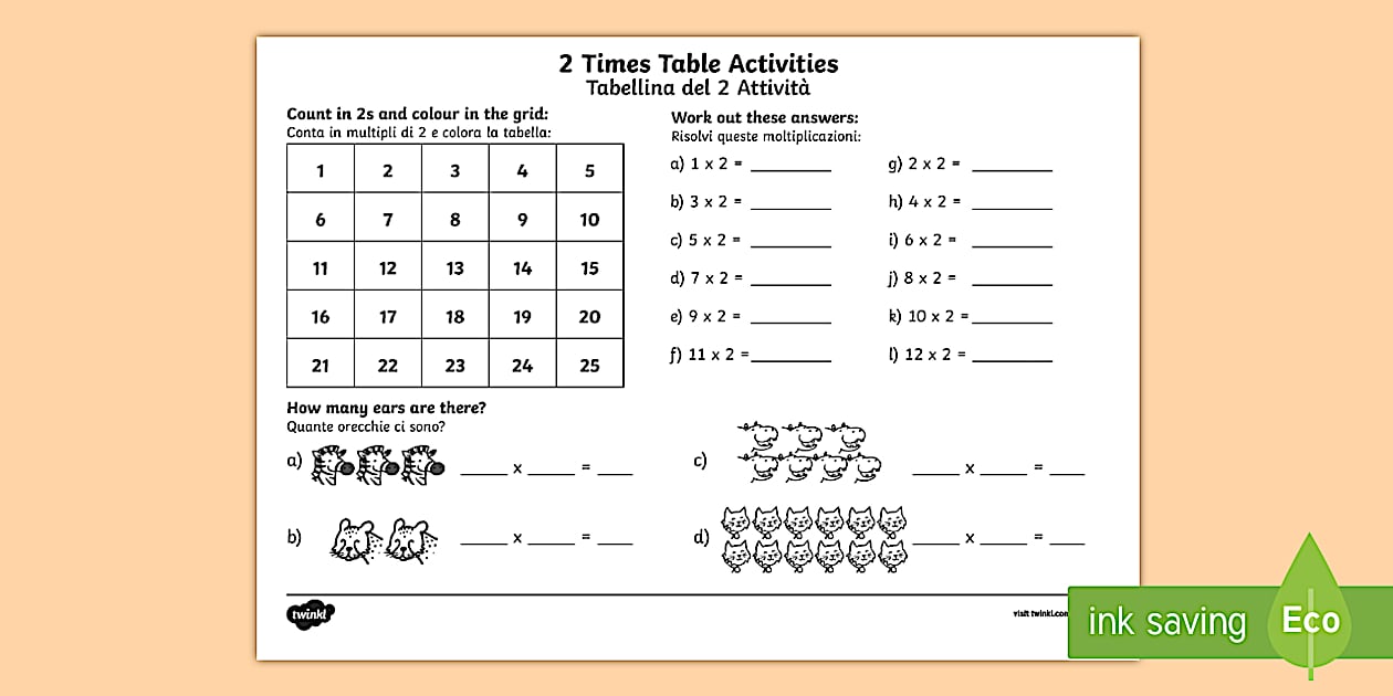 2 Times Table Worksheet / Worksheet English/Italian - EAL, 2 Times Table