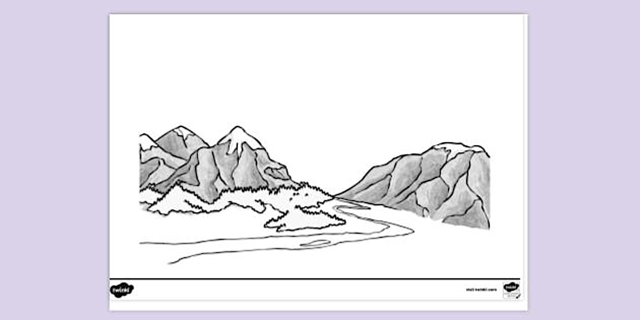 Mountain Valley with River Colouring Sheet - Twinkl