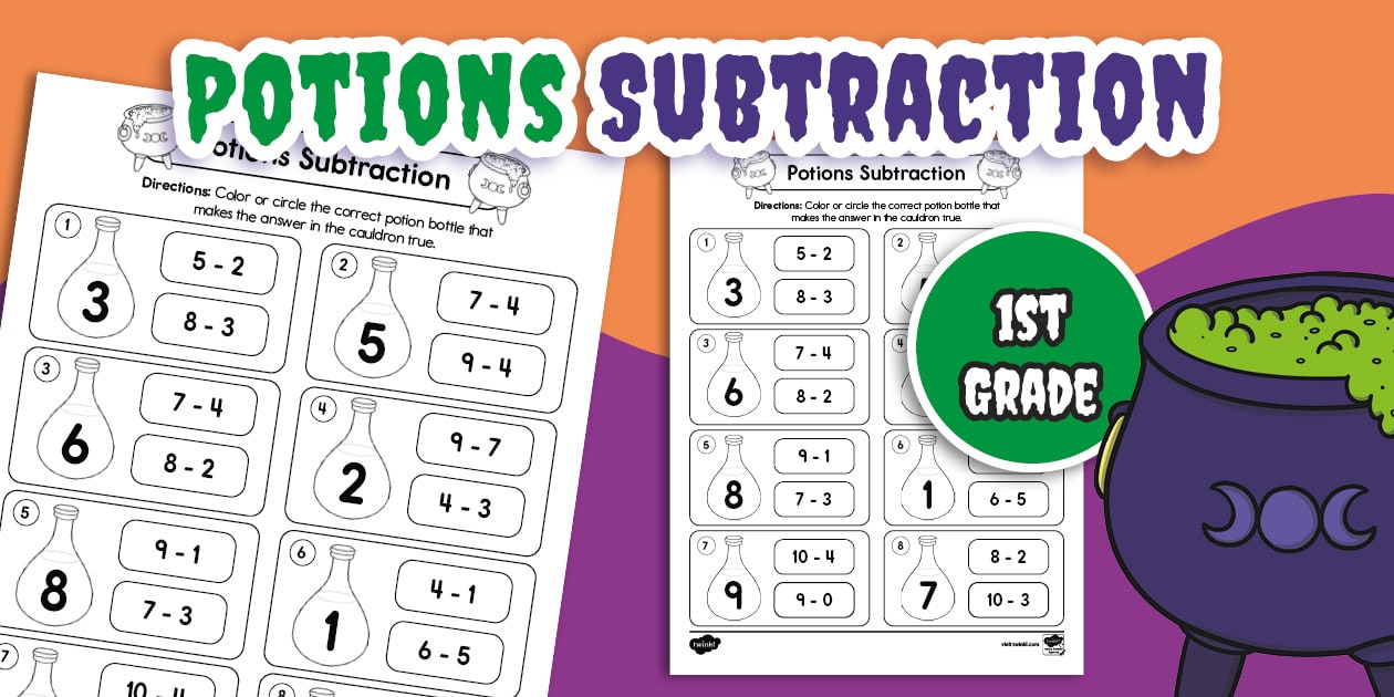 First Grade Halloween Potions Subtraction Worksheet - Twinkl