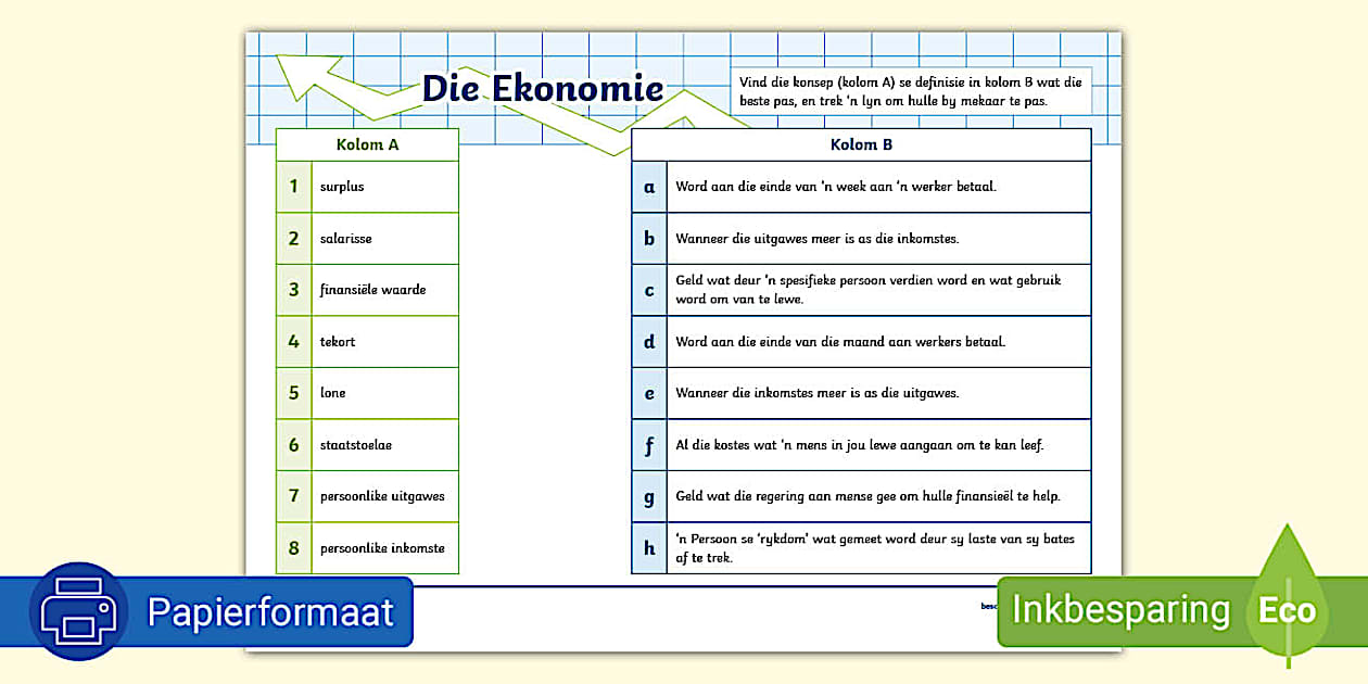 Die Ekonomie - Soek die definisie (teacher made) - Twinkl