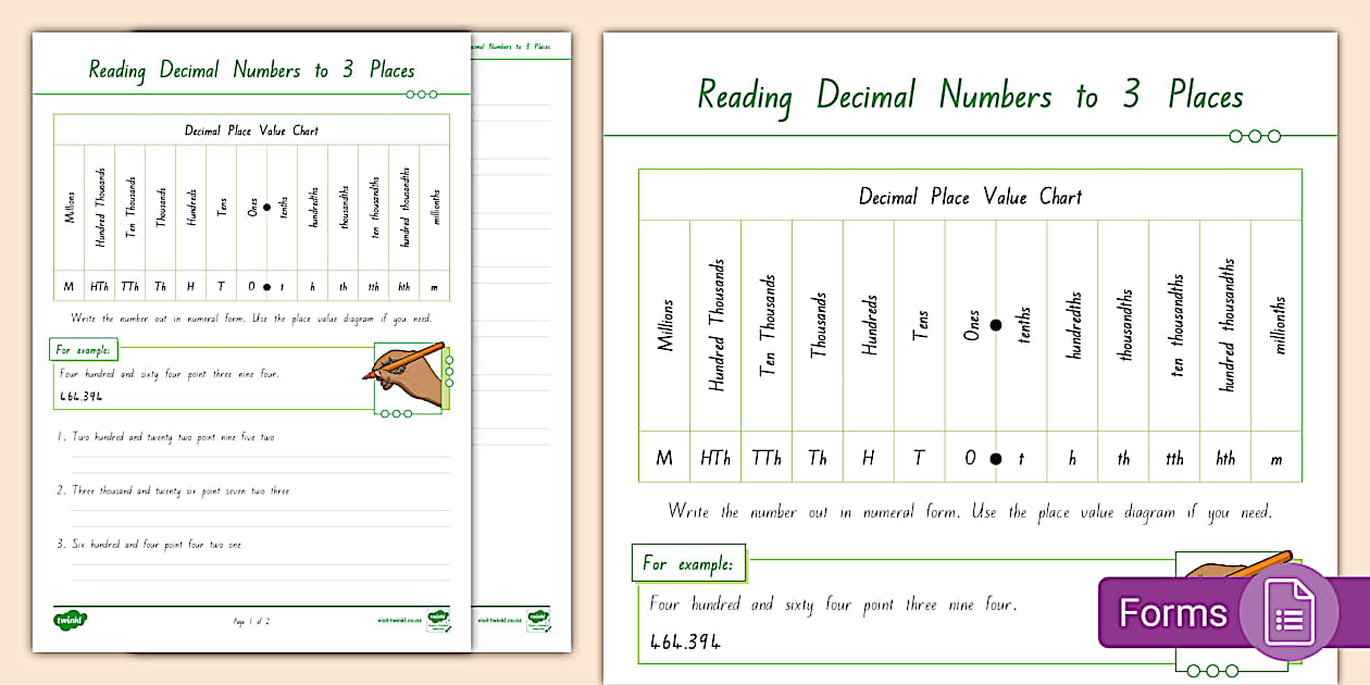 Reading Decimals to 3 Places Activity Sheet (teacher made)