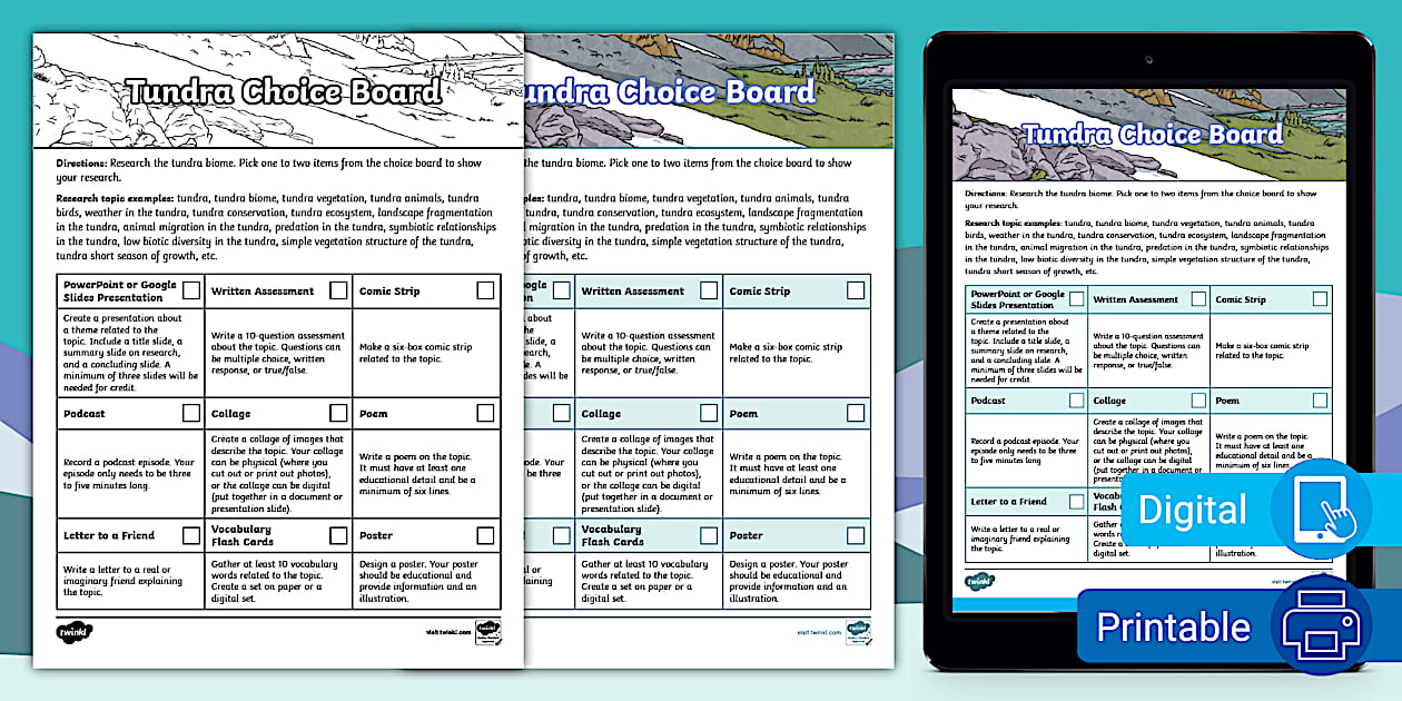 Tundra Biome Choice Board for 6th-8th Grade (Teacher-Made)