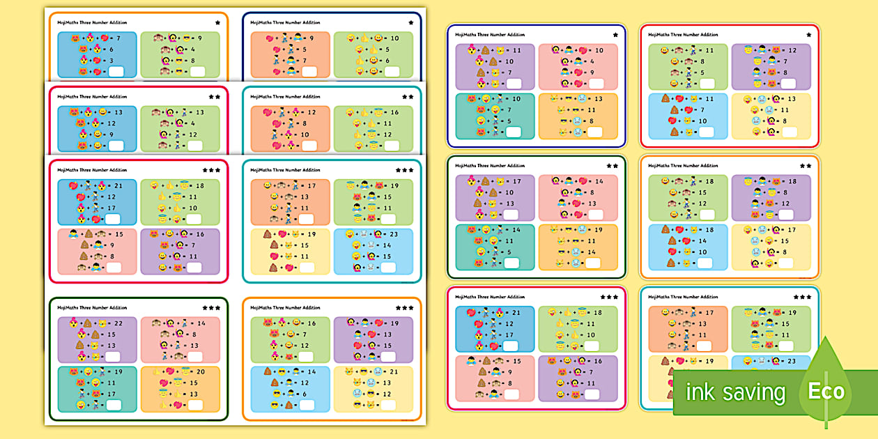 KS1 MojiMaths Three Number Addition Differentiated Challenge Cards