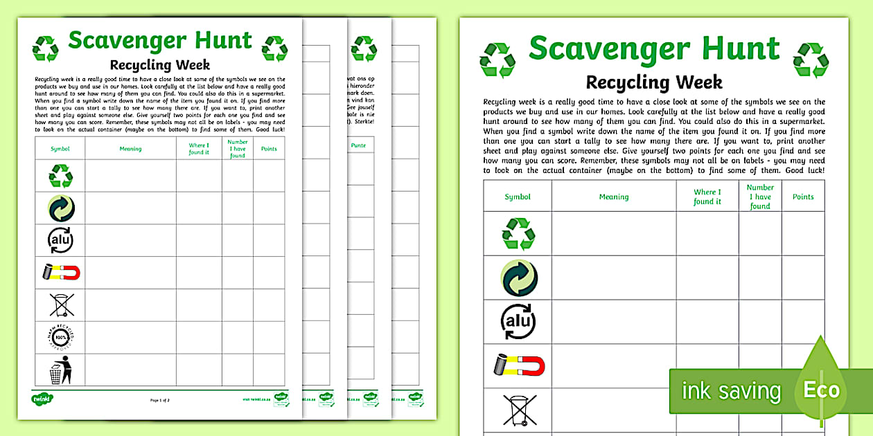 Life Skills - Worksheet: Recycling Week Scavenger Hunt