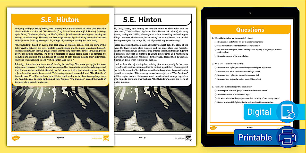 Eighth Grade S.E. Hinton Reading Passage Comprehension Worksheet