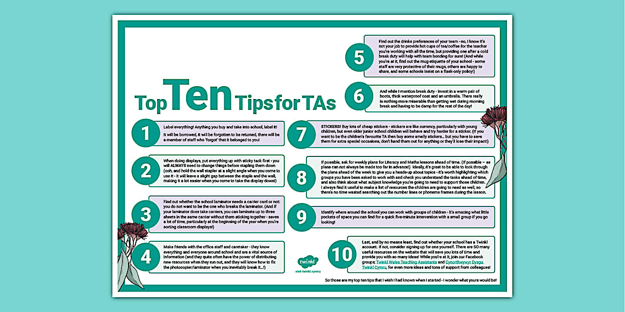Top Ten Tips for TA's in Wales (teacher made) - Twinkl