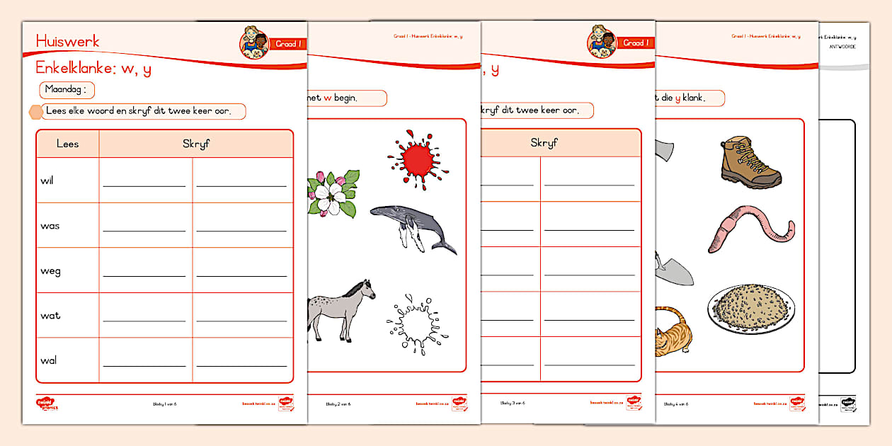 Graad 1 Klanke Huiswerk w, y (teacher made) - Twinkl