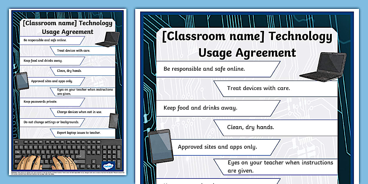 Editable Technology Usage Agreement (teacher made) - Twinkl